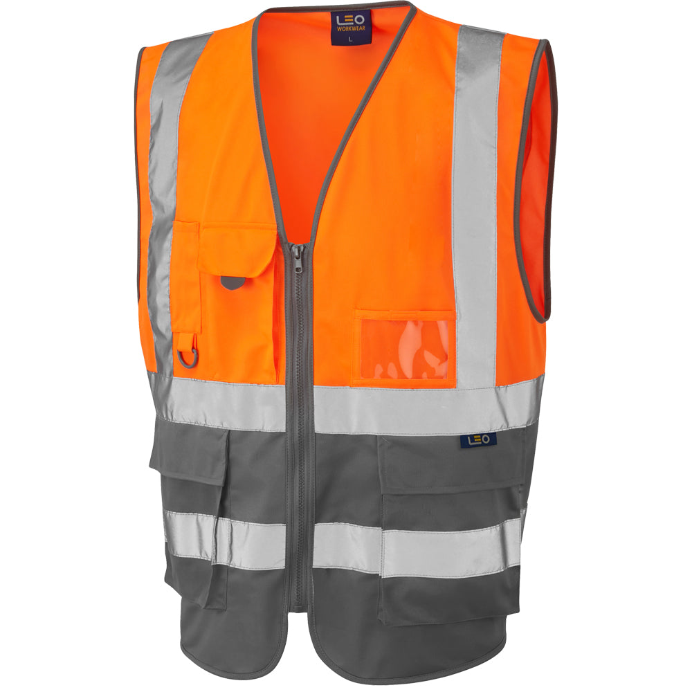 Leo Workwear LYNTON Leo EcoViz Superior Waistcoat - Hi-Vis Orange/Grey ...