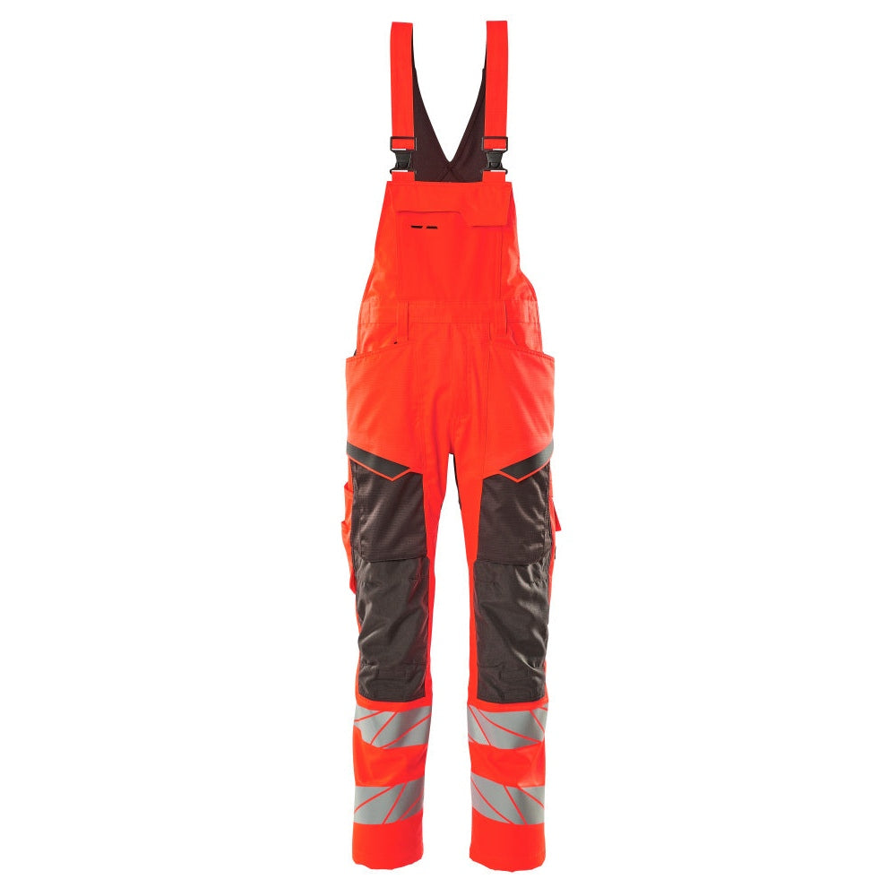 Mascot Accelerate Safe Bib & Brace with Kneepad Pockets - Hi-Vis Red/D ...
